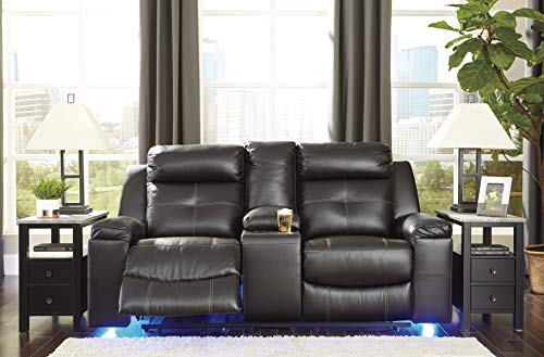 Signature Design by Ashley Kempten Faux Leather Manual Reclining Sofa with High Back, Center Console and Blue LED Lighting, Black