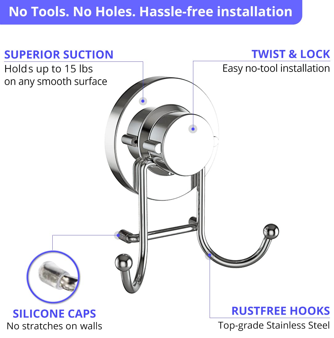 HOME SO Suction Cup Hooks for Shower, Bathroom, Kitchen, Glass Door, Mirror, Tile – Loofah, Towel, Coat, Bath Robe Hook Holder for Hanging up to 15 lbs – Rustproof Chrome Stainless Steel (2-Pack)