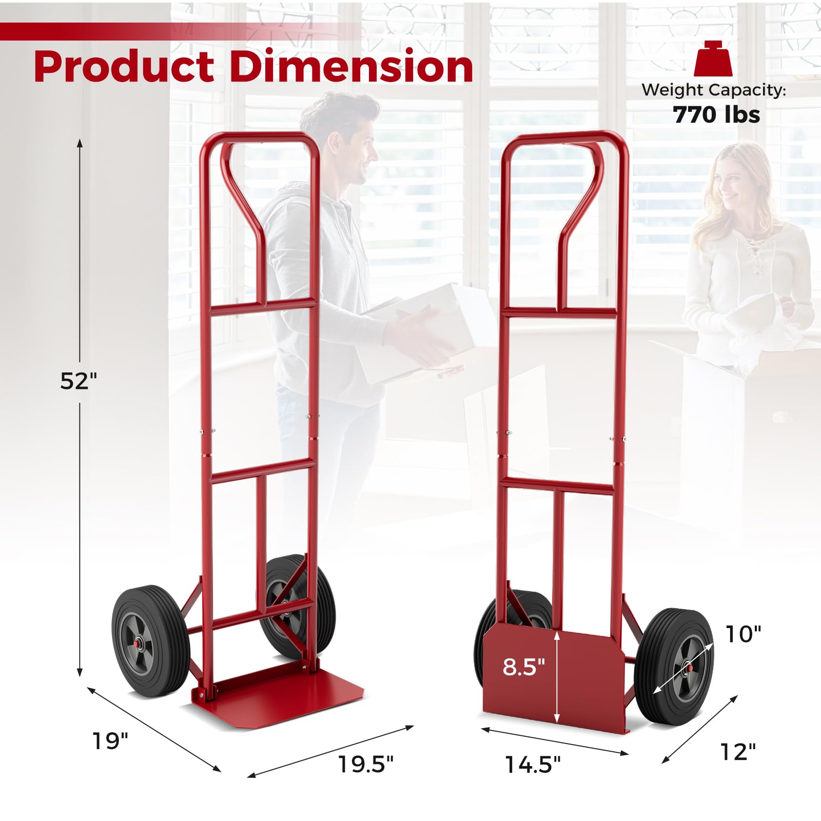 Goplus Hand Truck, P-Handle Hand Truck Dolly w/Vertical Loop Handle, 10β Rubber Wheels, 15βx8β Foldable Nose Plate, 660LBS Capacity, Heavy Duty Metal Dolly Cart for Lifting, Stairs (Red)