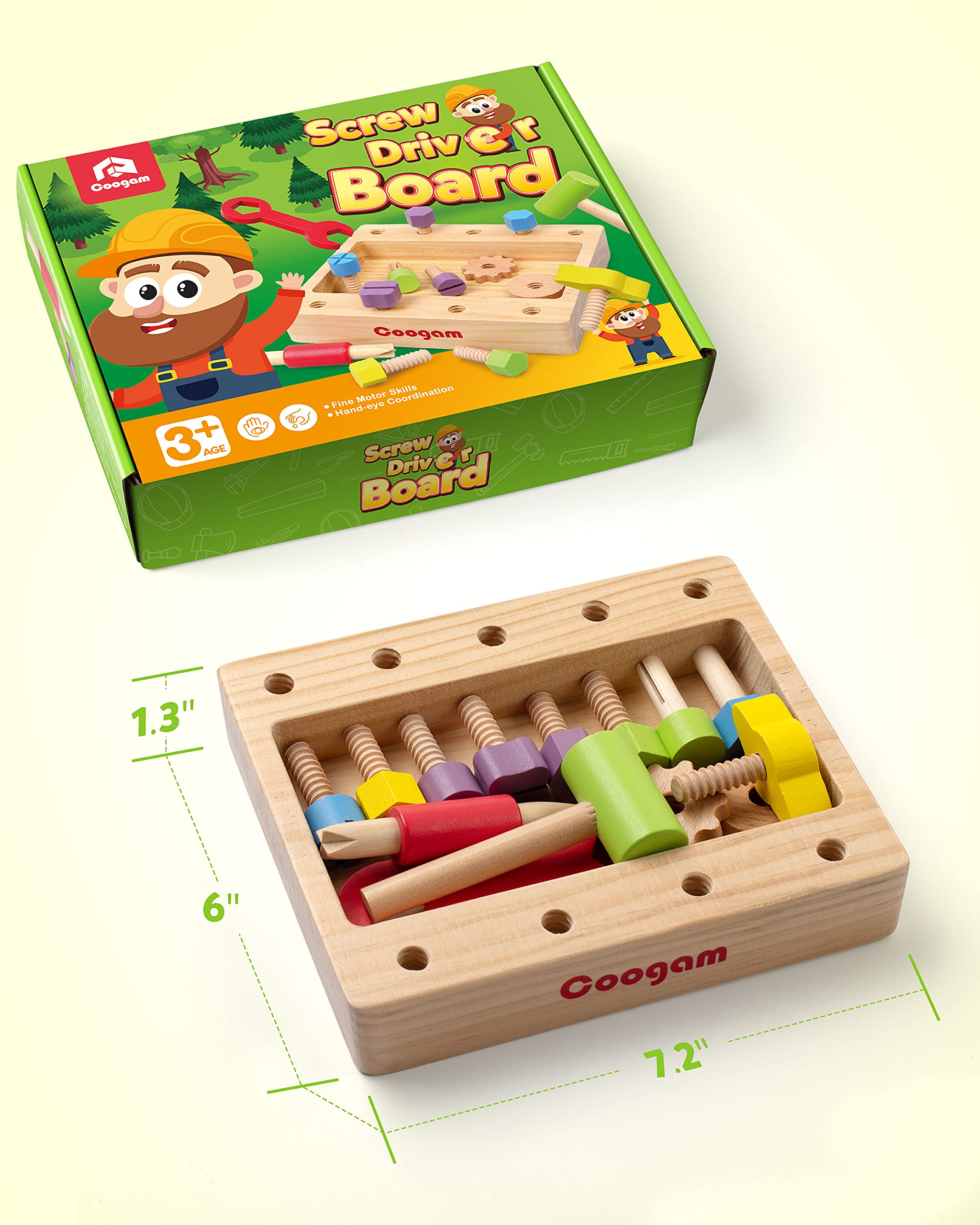 Coogam Wooden Tool Box, Toddler Fine Motor Skill Construction Building STEM Toy Set Nuts and Bolts Screw Driver Toolbox Kit Montessori Educational Gift for Preschool Year Old Kids