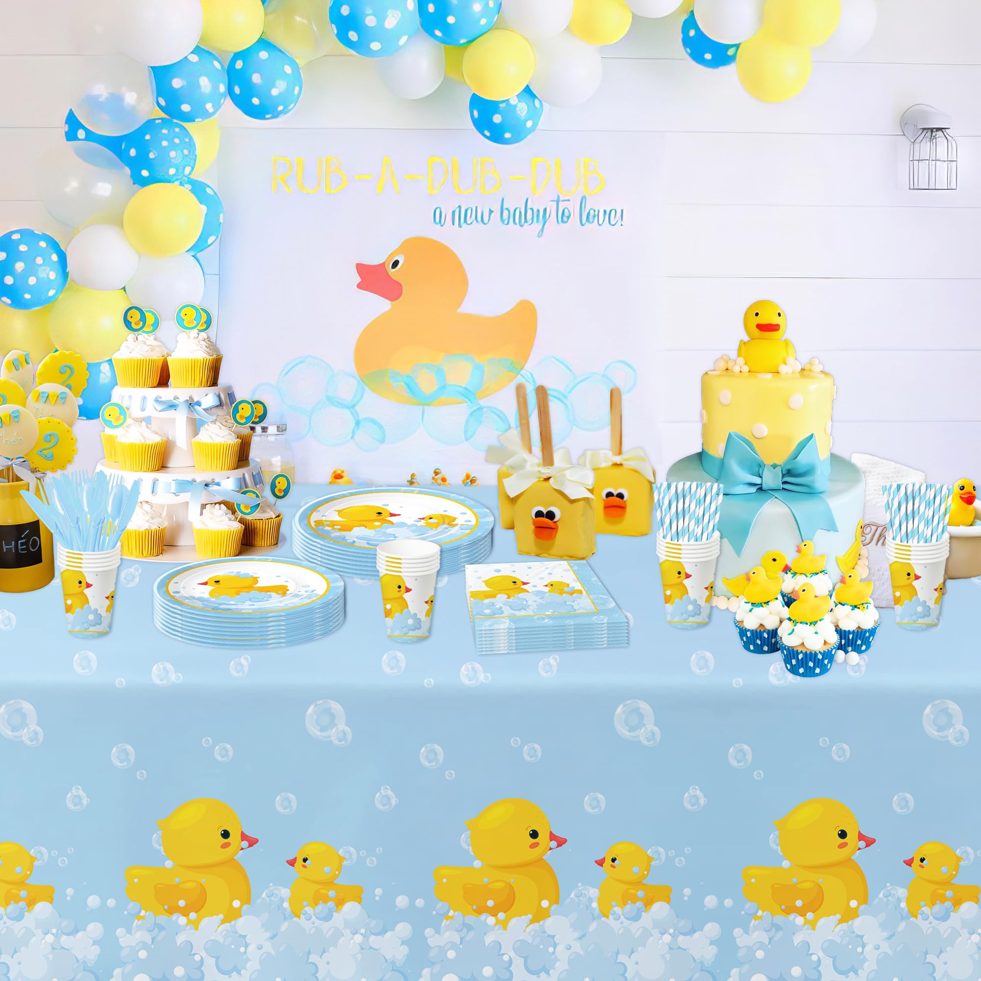 APOWBLS Rubber Duck Decorations Tableware - Duck Party Supplies For Baby Shower Birthday, Paper Plate, Napkin, Tablecloth, Fork, Bubble Bath Rubber Duck Party Decorations Dinnerware | Serve 24