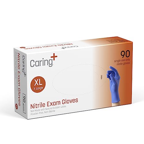 Caring Nitrile Exam Gloves (90ct), Powder Free and Not Made with Natural Rubber Latex, Gloves for Medical Use, Cleaning, Food Prep and More, XL