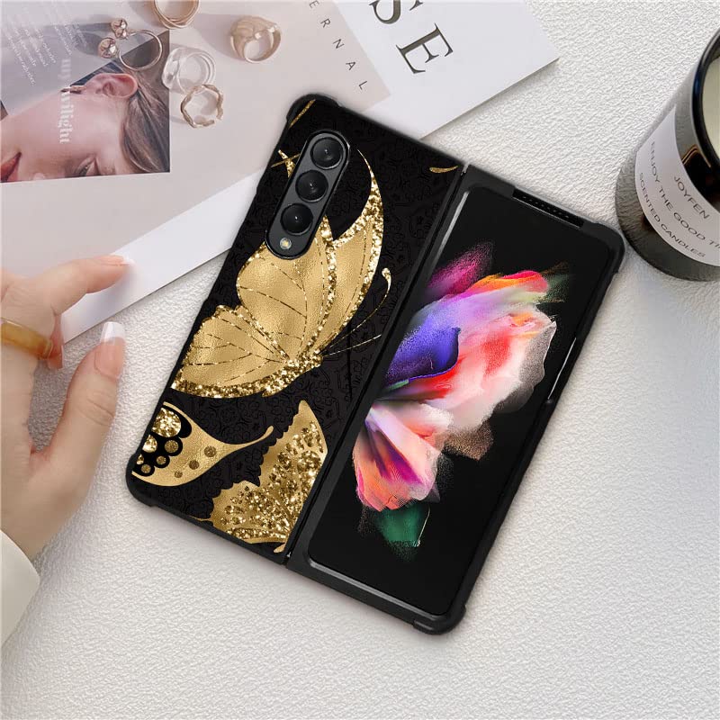 DJSOK Case Compatible with Samsung Galaxy Z Fold 3 5G Case,Beautiful Golden Butterfly Luxury Pattern Design Pattern Back+Soft Silicone Protective Case