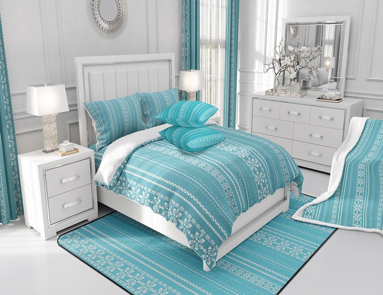 Feelyou Bohemian Comforter Full Size with 2 Pillow Cases Light Blue Boho Comforter Set Aztec Pattern Bedding Set Modern Geometric Quilted Duvet Set for Boys Girls Kids Adults