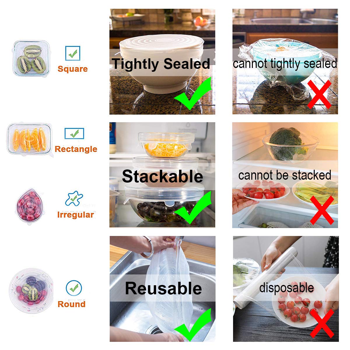 Adpartner 6PCS Rectangle Silicone Lids for Food Storage, Reusable BPA-free Silicone Stretch Lids in 6 Different Sizes to Fit Most Square and Rectangle Containers, Microwave Freezer Dishwasher Use Safe