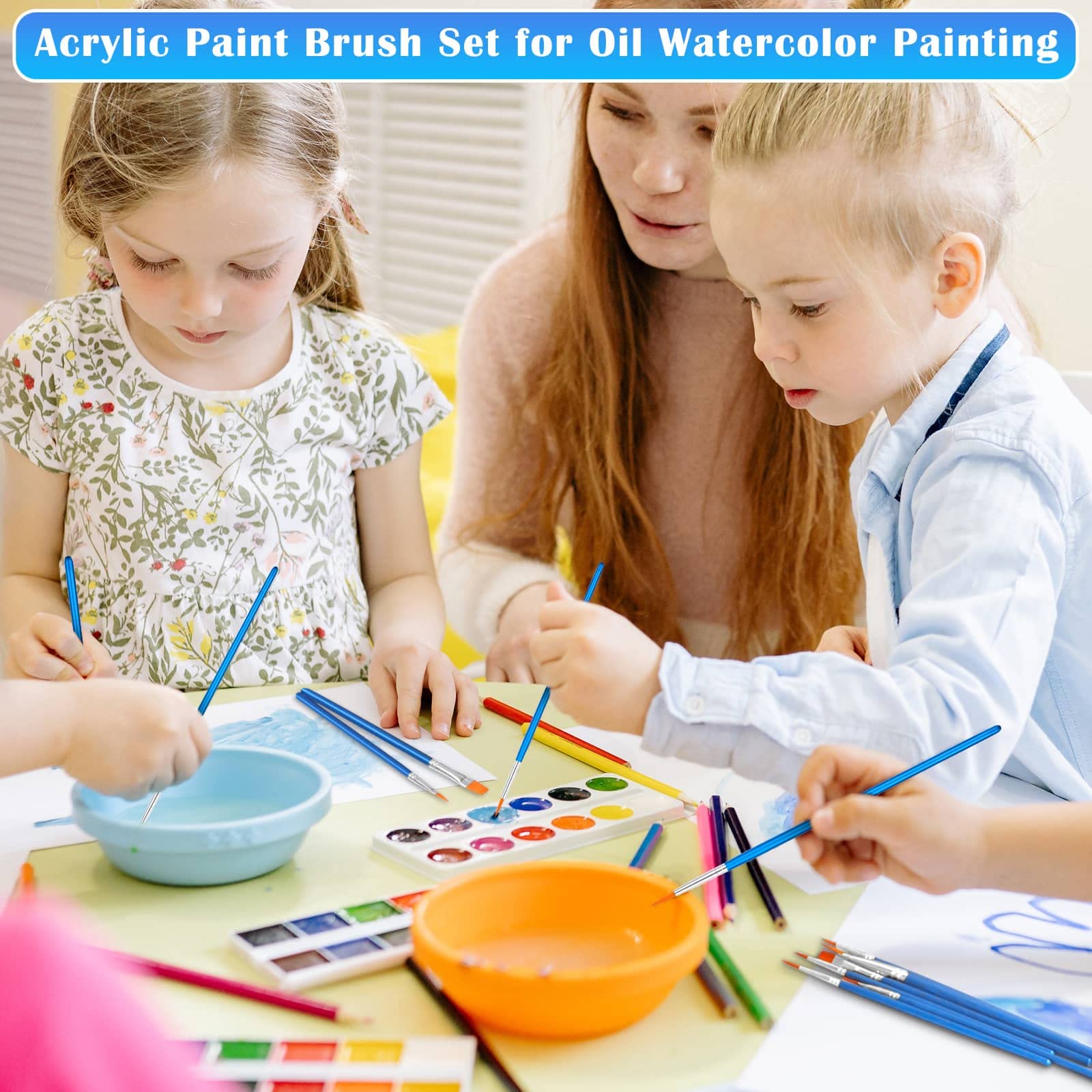 Small Paint Brushes Bulk, Anezus 50 Pcs Flat Tip Round Acrylic Paint Brushes for Kids Classroom Acrylic Watercolor Canvas Face Painting Touch Up