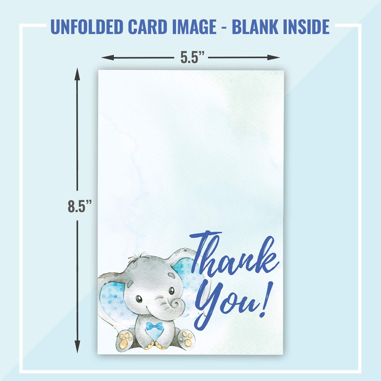 50 Blue Watercolor Boy Elephant Cute Baby Shower Thank You Cards, Double Sided Blank Inside with Envelopes- Made in the USA