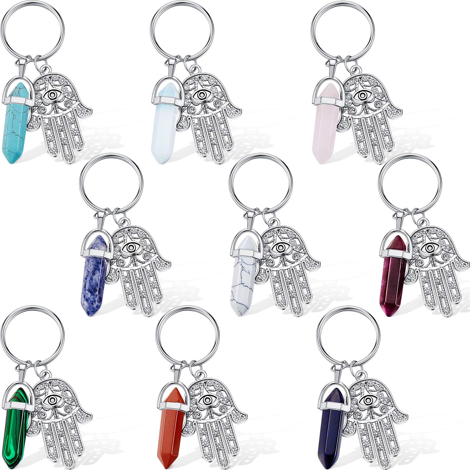 9 Pieces Crystal Keychain Hamsa Charm Hamsa Hand Keychain Ring Lucky Hamsa Evil Eye Keychain with Healing Stone for Women Girls Protection