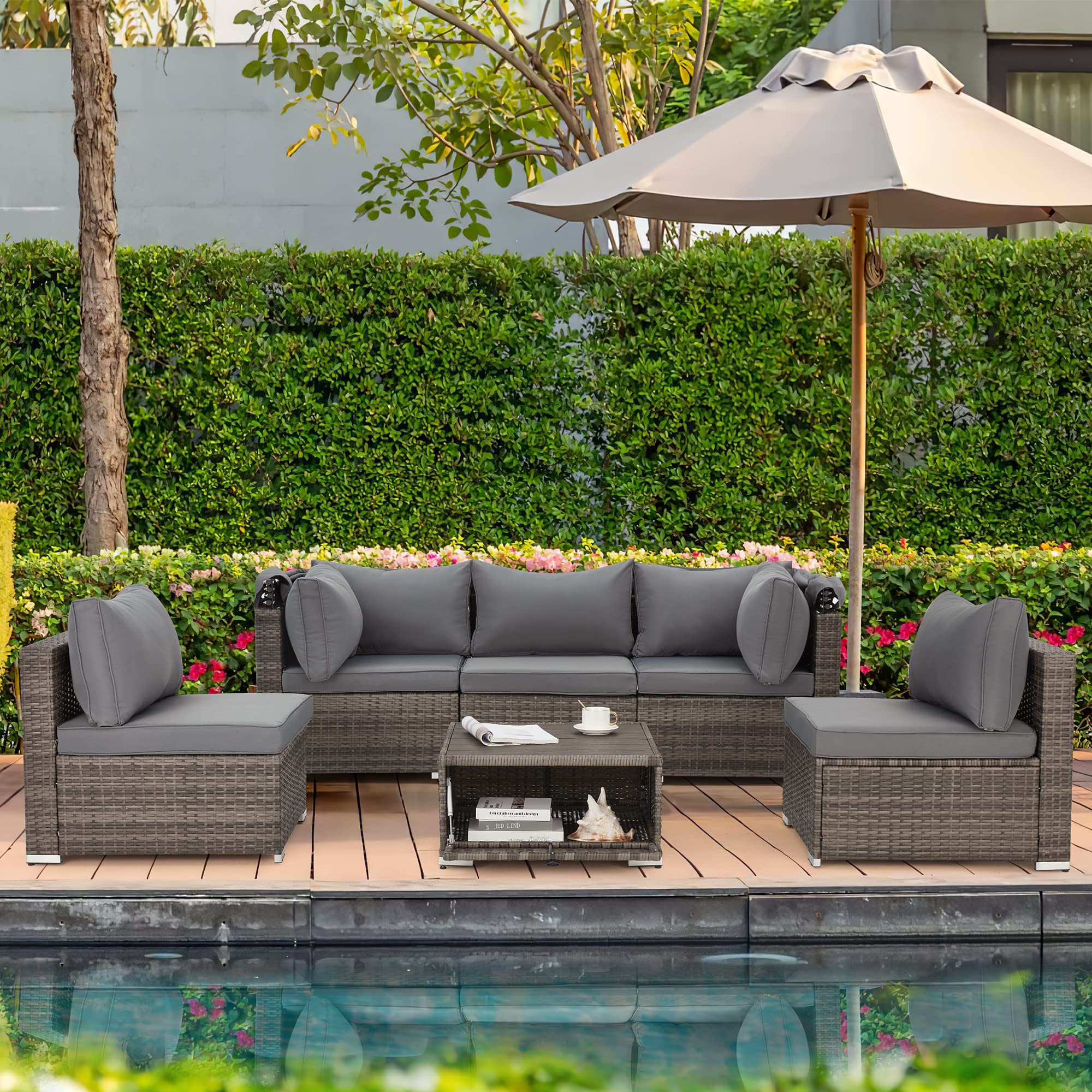 HOMREST 6 Pieces Patio Furniture Sets, Rattan Daybed with Retractable Canopy, Outdoor Sectional Sofa Set with Adjustable Backrest, Chaise Chair Sunbed for Garden Poolside Backyard(Grey)