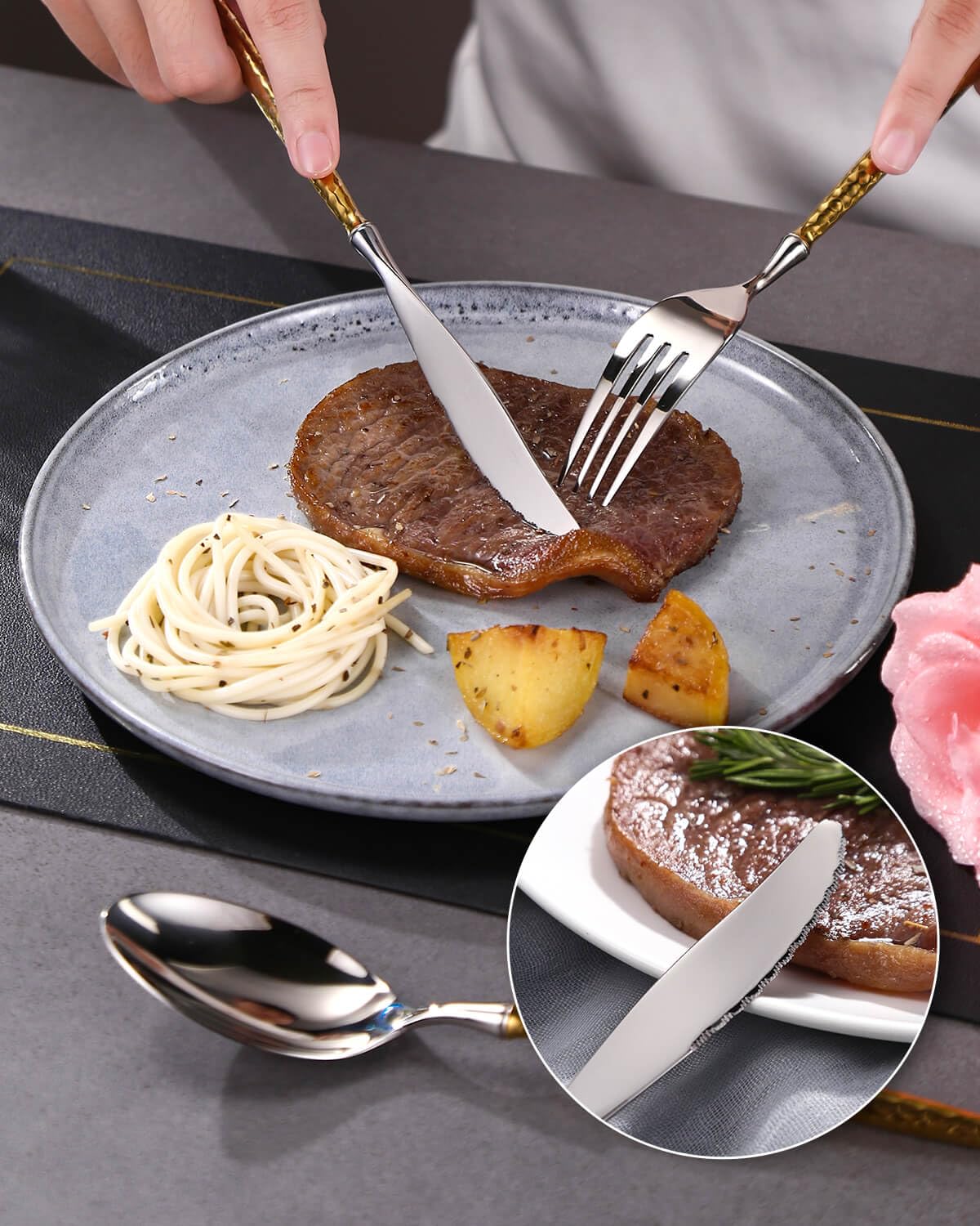 Lemeya 20-Piece Hammered Silver Gold Silverware Set,18/10 Stainless Steel Forging Heavy Duty Cutlery Set for 4, Luxury Unique Flatware Set,Spoons and Forks Set,Mirror Polished,Dishwasher Safe
