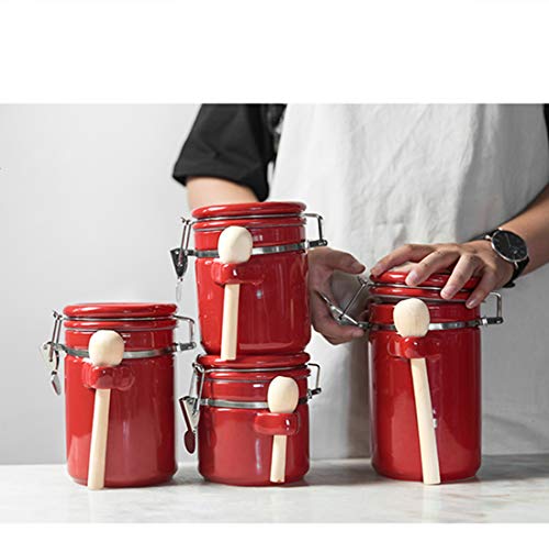 Porcelain Coffee Sealed Canister with Valve Blocks Tea Cans Powder Candy Beans Jars Food Container Spice Storage Bottle with Lid Spoon (Red, 35oz)