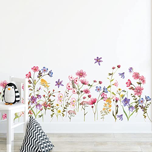 Flowers Vines Wall Decals Colorful Wildflowers Plants Wall Stickers Removable DIY Peel and Stick Art Murals for Kids Room Nursery Classroom Bedroom Living Room Bathroom Home Decor