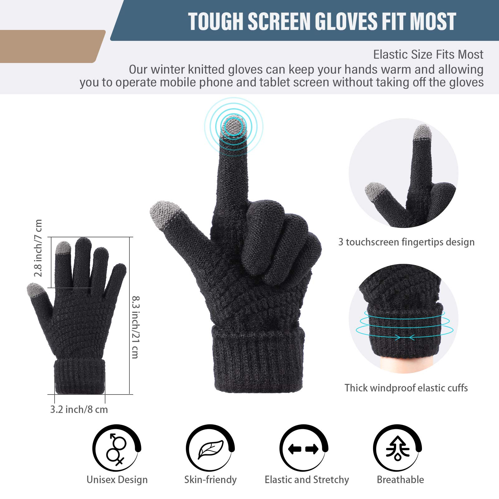 9 Pieces Winter Knit Beanie Hat Neck Warmer Touchscreen Gloves Set Fleece Lined Knitted Caps Circle Loop Scarf Knitted Gloves for Men Women