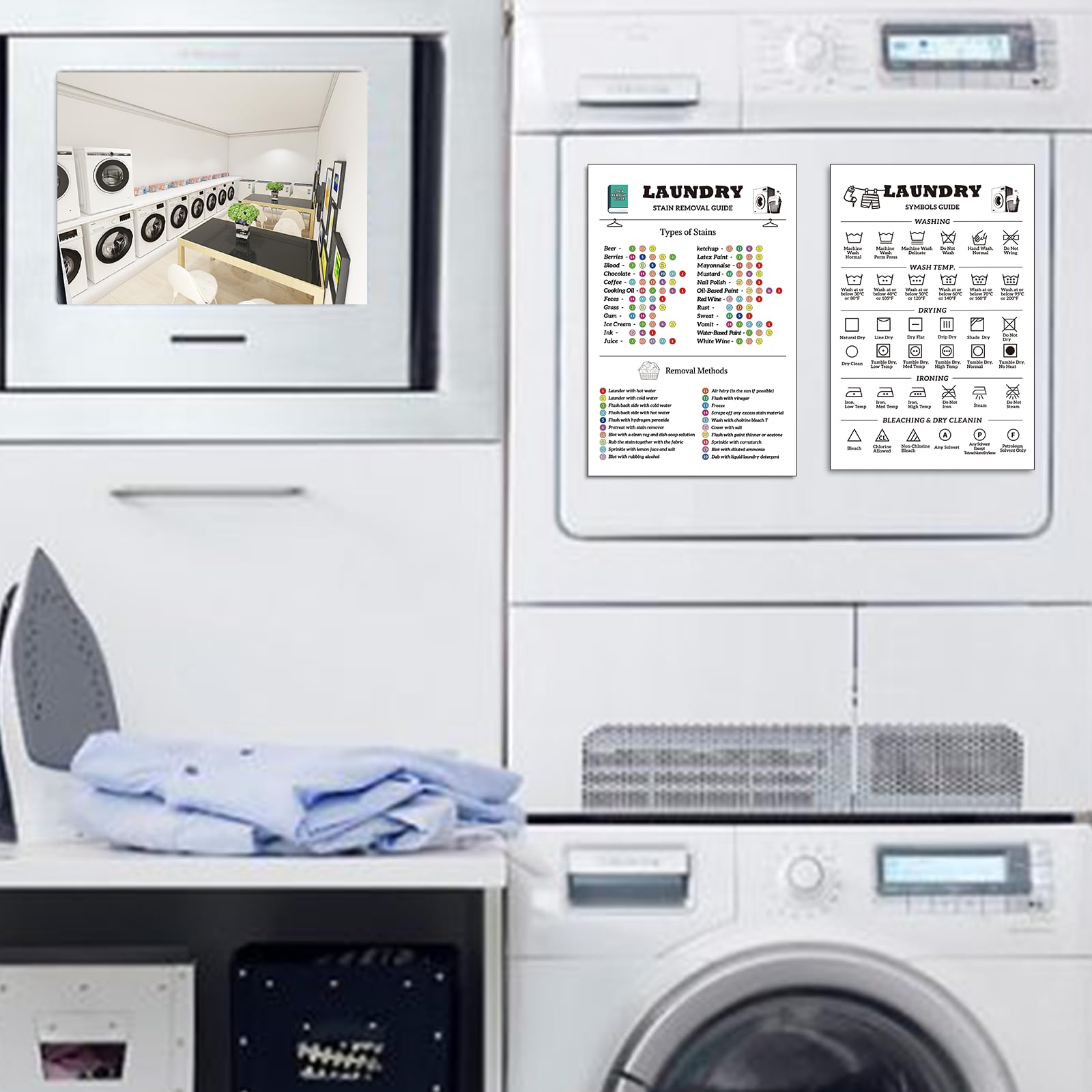 Noare Laundry Symbols Sign & Stain Removal Guide Magnet Cheat Sheet for Room Wall Art Decor 8x11.8 inch - Washing Drying Ironing & Bleaching Accessory