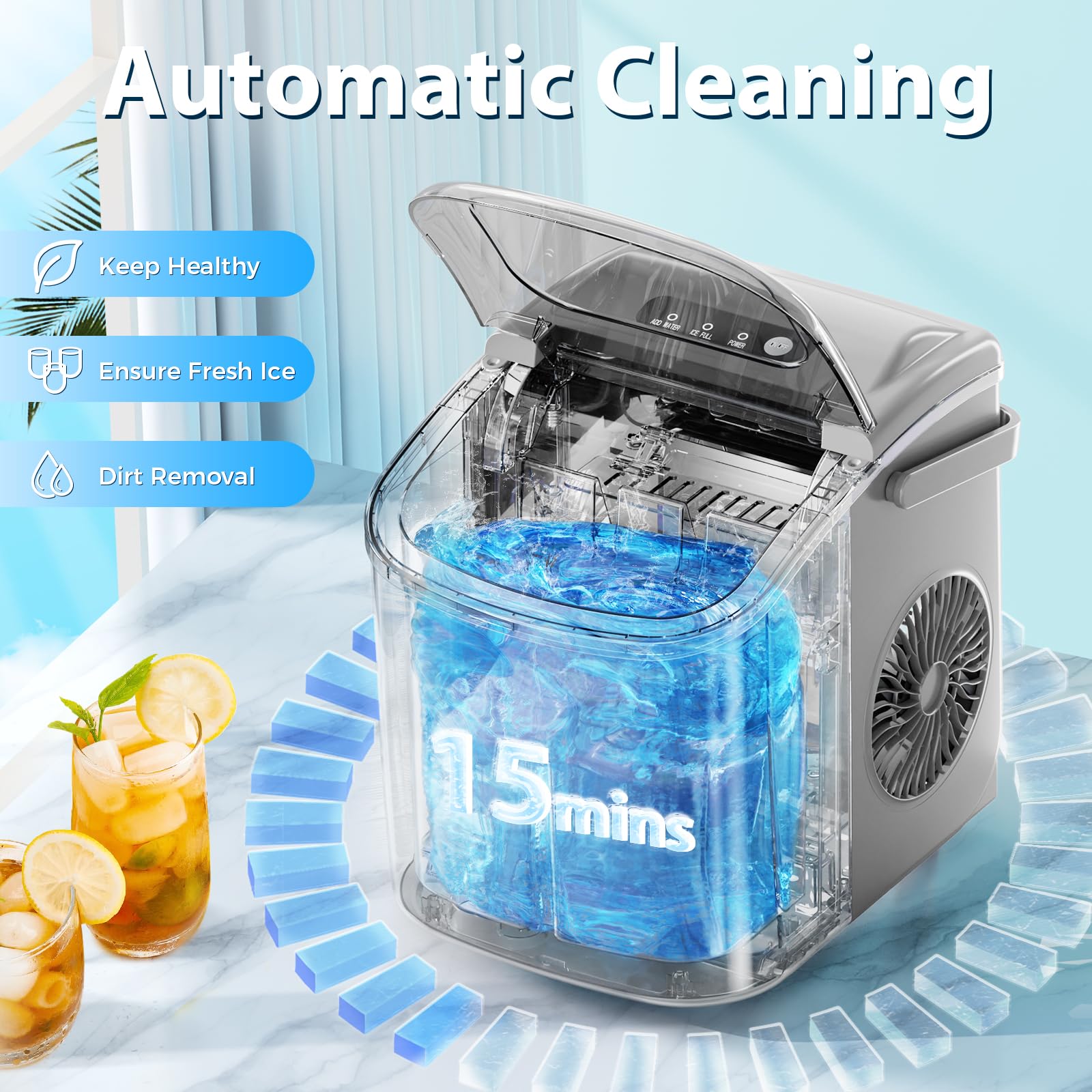 Antarctic Star Countertop Ice Maker,Portable Ice Makers with Self-Cleaning, Bullet Ice Machine, 26Lbs/24H, 9 Ice Cubes Ready in 6 Mins for Kitchen Bar Party RV, Grey