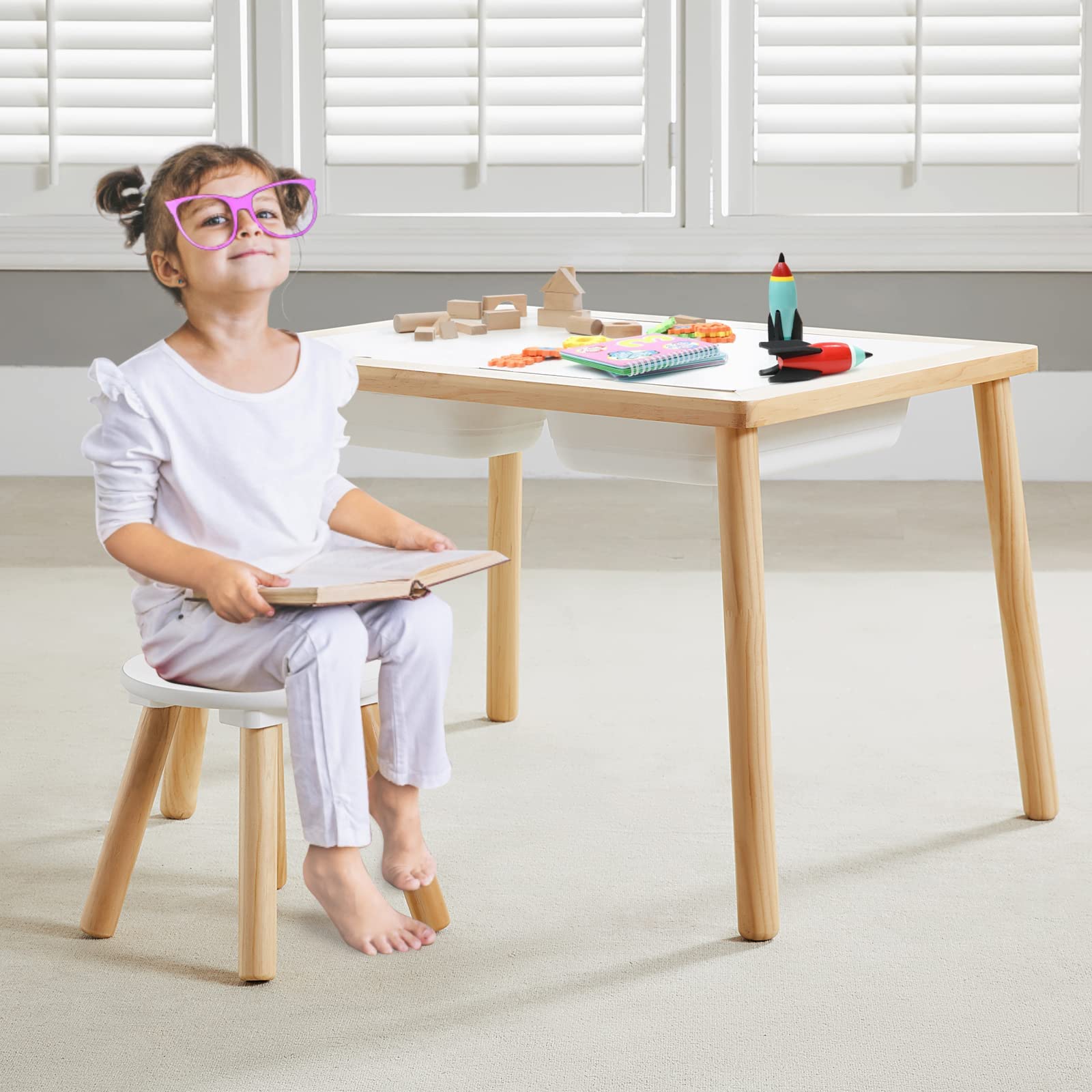 Beright Wooden Step Stool for Kids, 9 Inch Round Kids Chair fit with Sensory Table, Sturdy Sitting Stool with Assembled Four-Legged for Children Toddler, 2 Pack