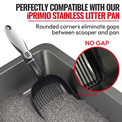 iPrimio Cat Litter Scoop Metal with Deep Shovel - (Black) - Non Stick Plated Aluminum Cat Litter Scooper for Litter Box - Designed by Cat Owners - Patented Sifter with Holder - Super Solid Handle