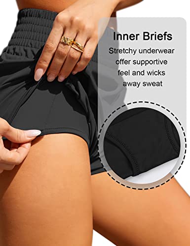BMJL Women's Athletic Shorts High Waisted Running Shorts Pocket Sporty Shorts Gym Elastic Workout Shorts(L,Black)