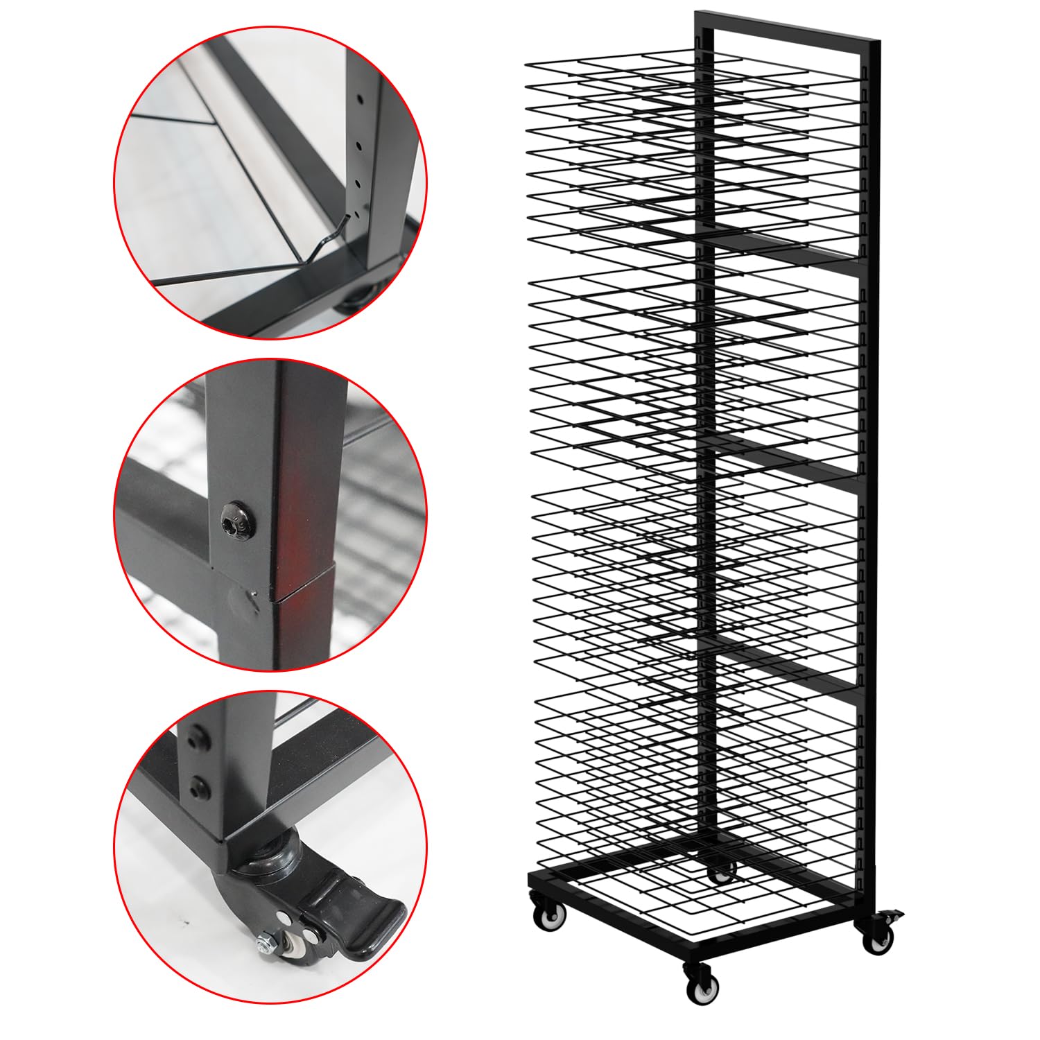 BERPET Art Drying Rack with Lockable Wheels, Painting Drying Rack with 36 Removable Shelves, Canvas Rack Art Storage for Classrooms, Art Studio, Art Clubs,13 3/4" D x 17 1/2" W x 55 1/2" H - Black