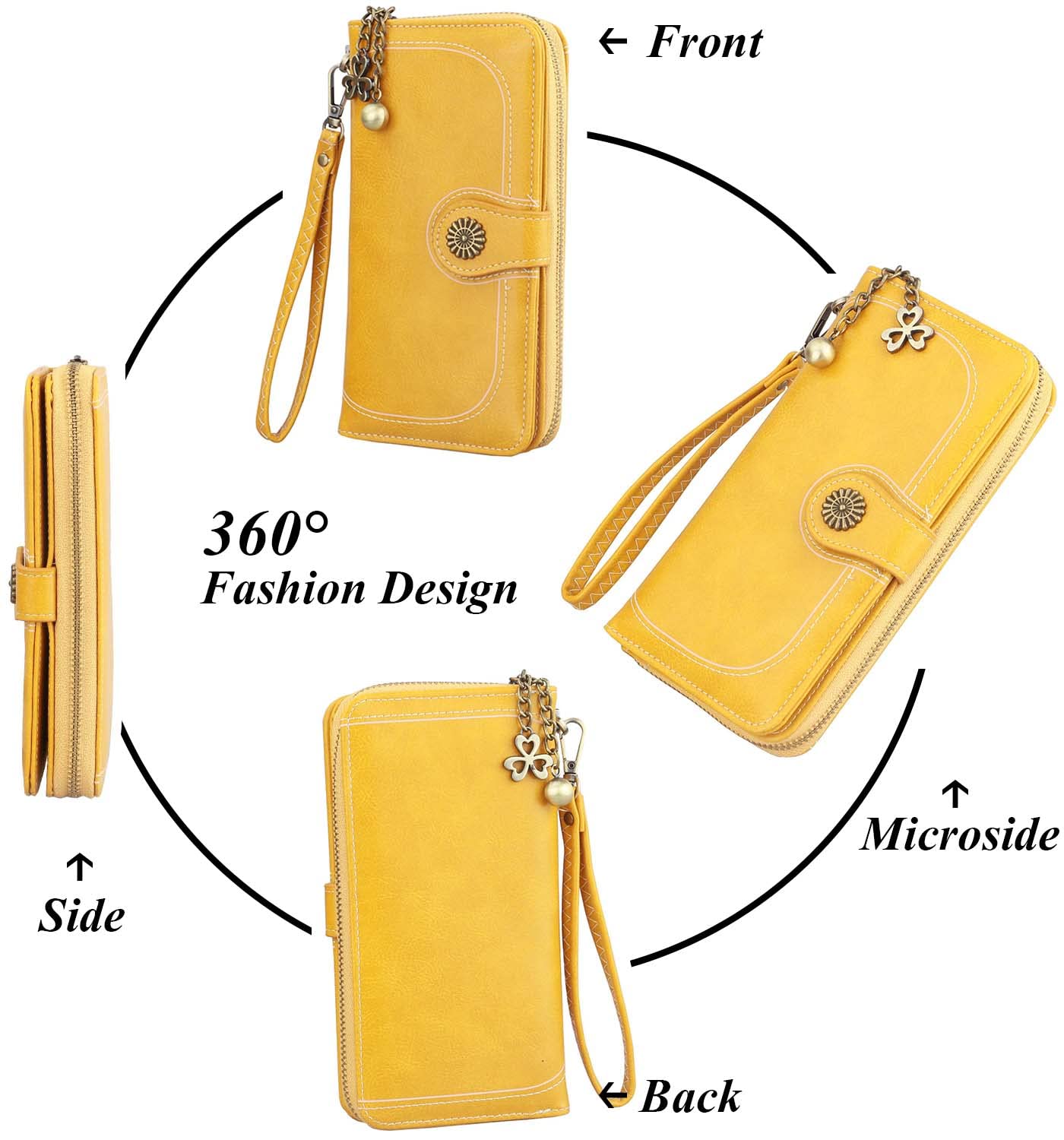Coolstar Wallets for Women & Men PU Leather Clutch Wallet with Credit Card Holders Wristlet Phone Checkbook Organizer Large (Yellow with Sunflower Snap), Sunflower Snap + Yellow