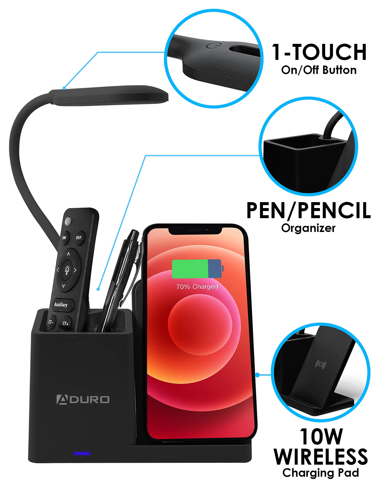 Aduro U-Light LED Desk Lamp Organizer Desk Light with Pen Holder & QI Wireless Charger Stand Black