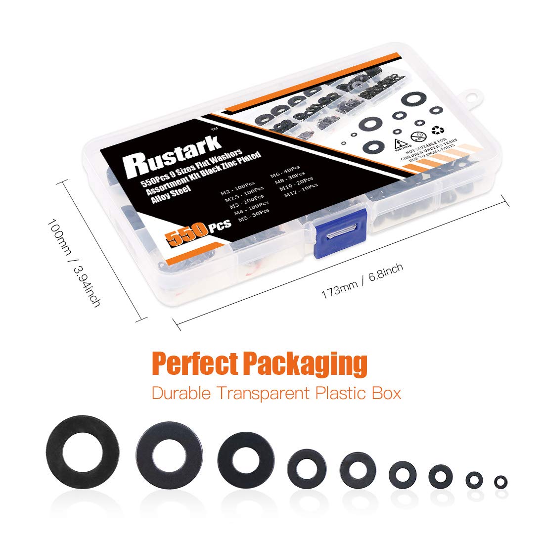 Rustark 550-Pcs [9 Sizes] Black Zinc Plated Alloy Steel Flat Washers Set Hardware Assortment Kit - M2 M2.5 M3 M4 M5 M6 M8 M10 M12