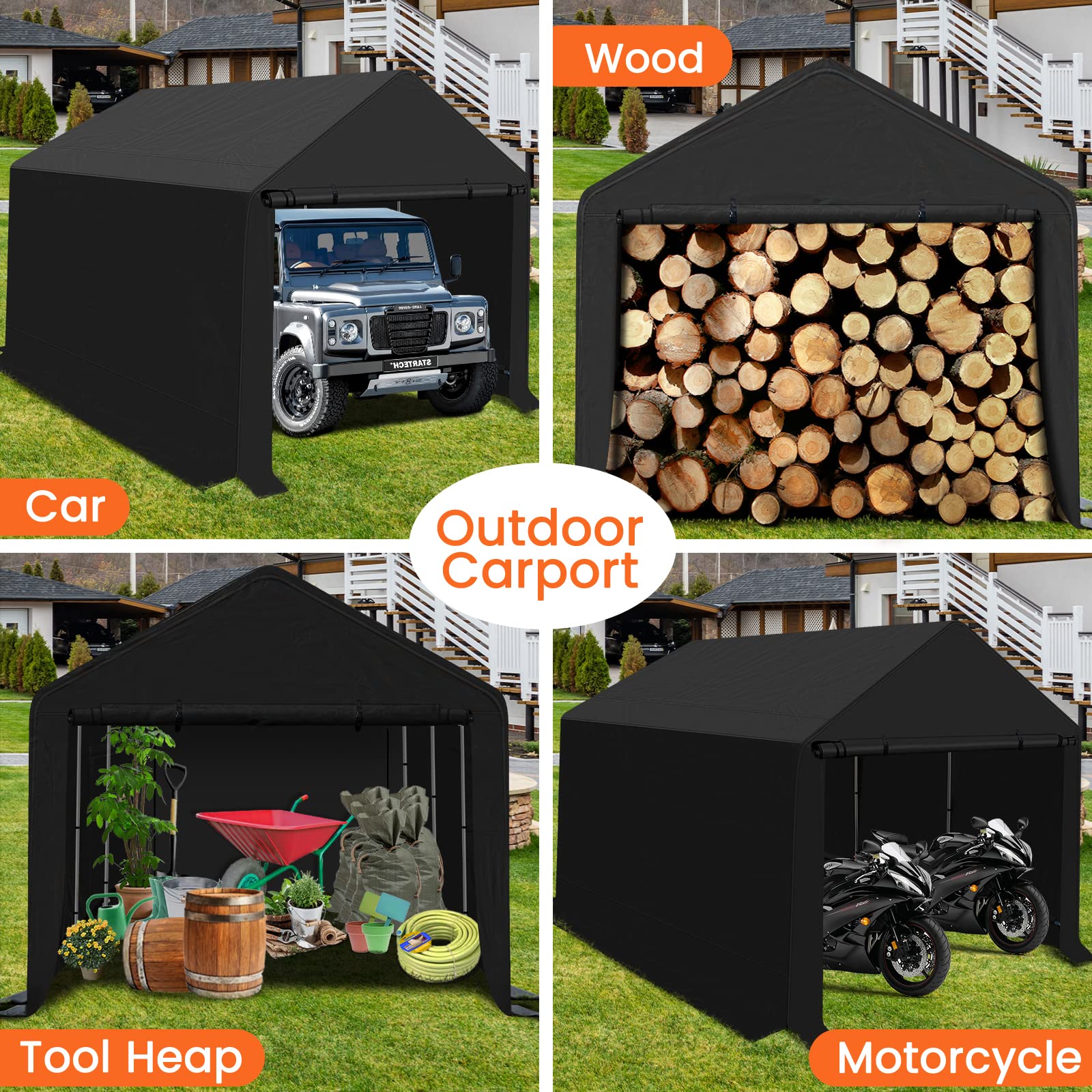 Outdoor Carport Canopy，8x14 ft Heavy Duty Canopy Shed,Metal Frame Storage She with Waterproof, UV Resistant Cover, 2 Rollup Zipper Doors for Backyard, Garden can Store Motorcycle, Garden Tools