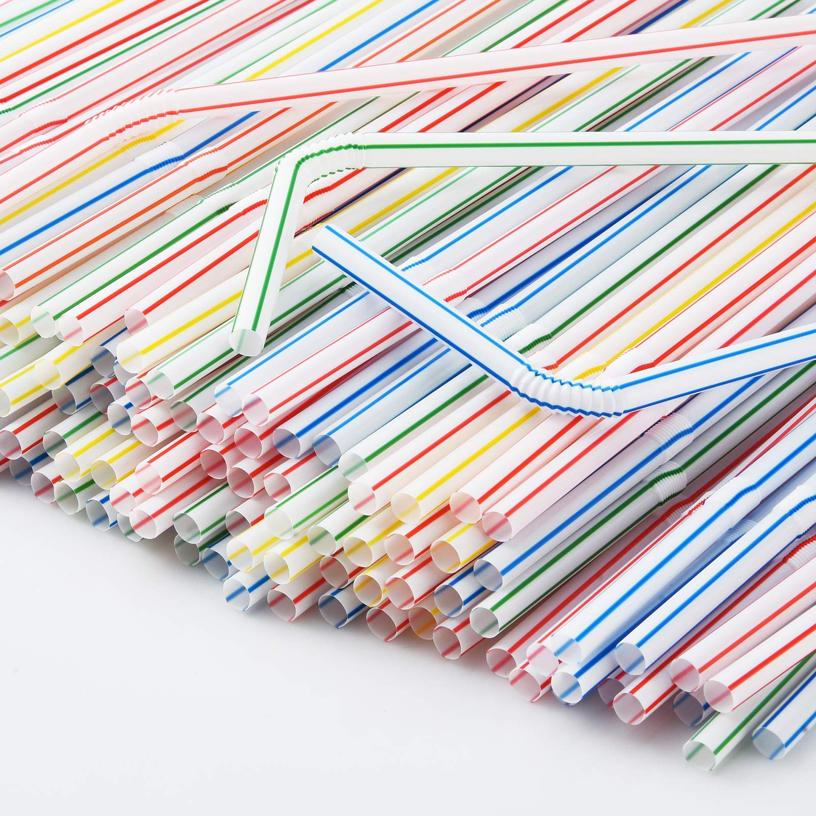 ALINK 500-Pack Striped Flexible Drinking Straws, Plastic Disposable Bendy Straws - 7.75" x 0.23"