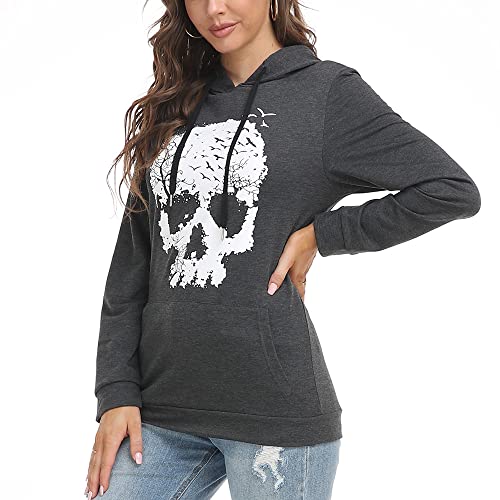 Calvin&Sally Women's Casual Lightweight Hoodies Long Sleeve Skull Graphic Tee Shirts Drawstring Pullover Hoodie Sweatshirts Tops with Pocket (Grey,XL)