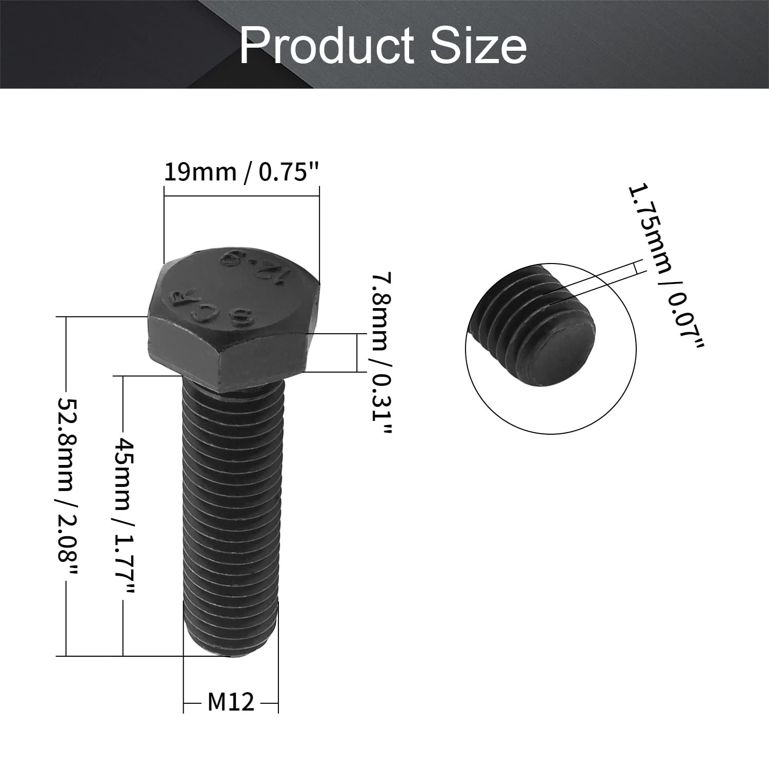 MroMax 2Pcs M12 x 45mm Left Hand Hex Bolt, Carbon Steel Grade 12.9, Black Oxide Finish, Full Thread, Hexagon Head Bolts for Furniture Repair