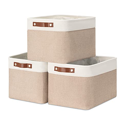 HNZIGE Fabric Storage Baskets for Shelves, Large Collapsible Storage Baskets for Organizing, Decorative Baskets Bins Set with Handles for Closet, Clothes, Toy, Home Office (3 Pack, White&Khaki,15" x 11" x 9.5")