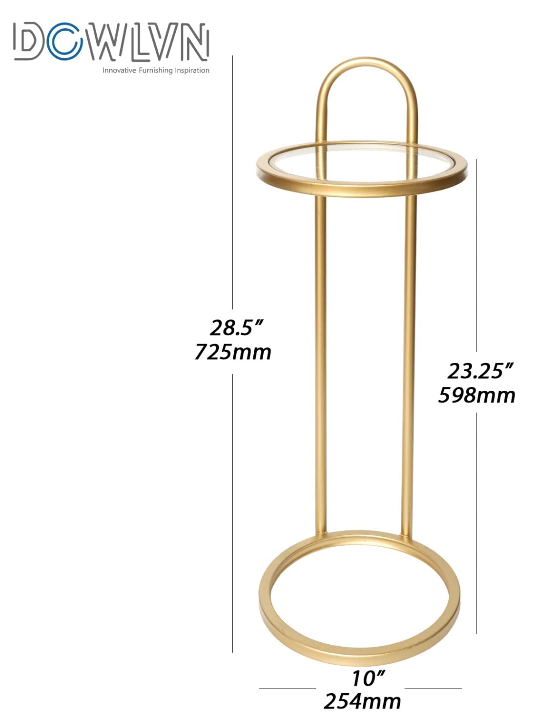 Gold Glass Small Drink Snack Accent Martini Table, C Shaped Side End Table, No-Assembly, 10" D x 28.5" H