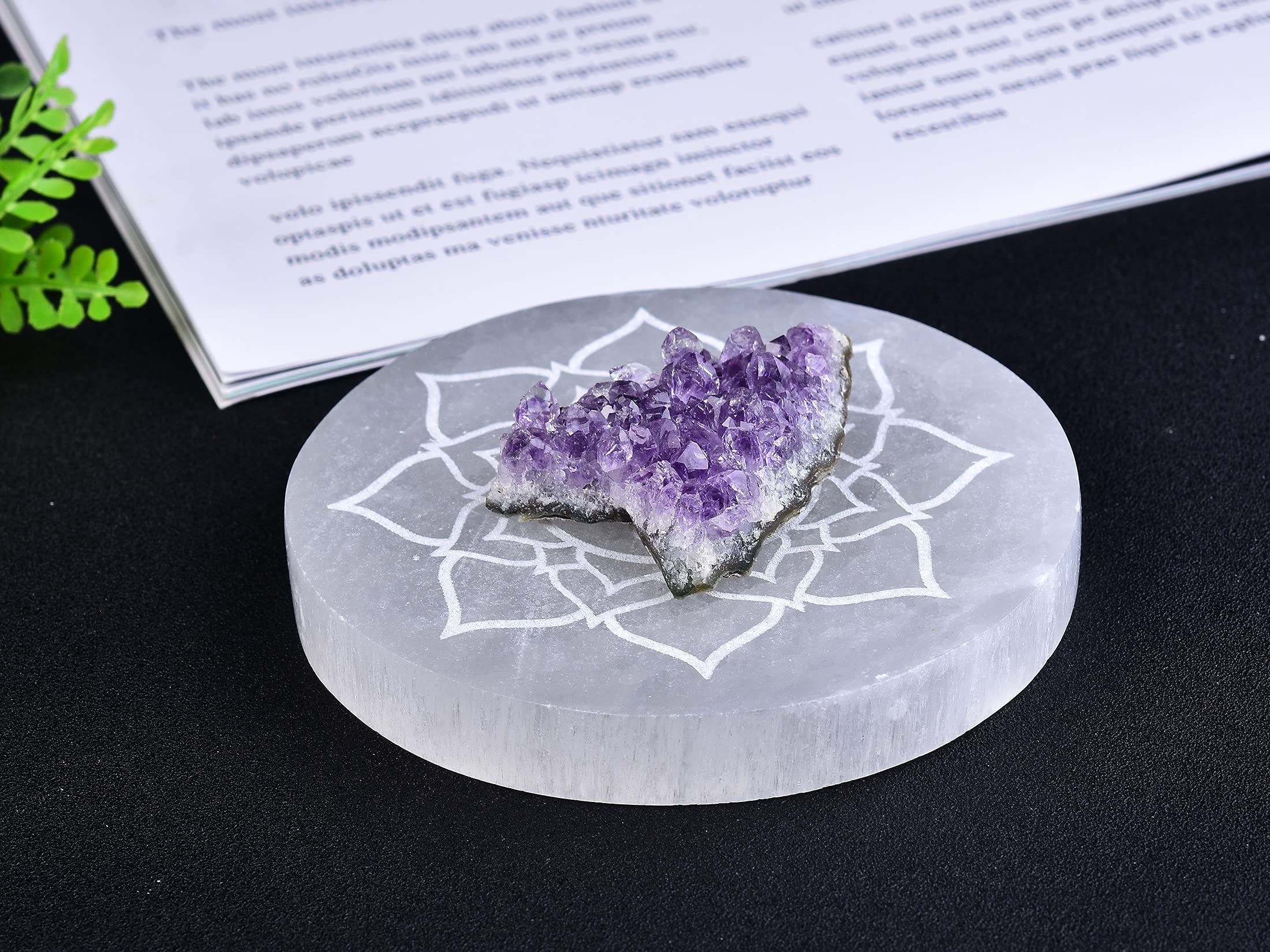 AMOYSTONE 4" Round Selenite Plate Flower Etched Selenite Slab for Cleansing Charging Crystals