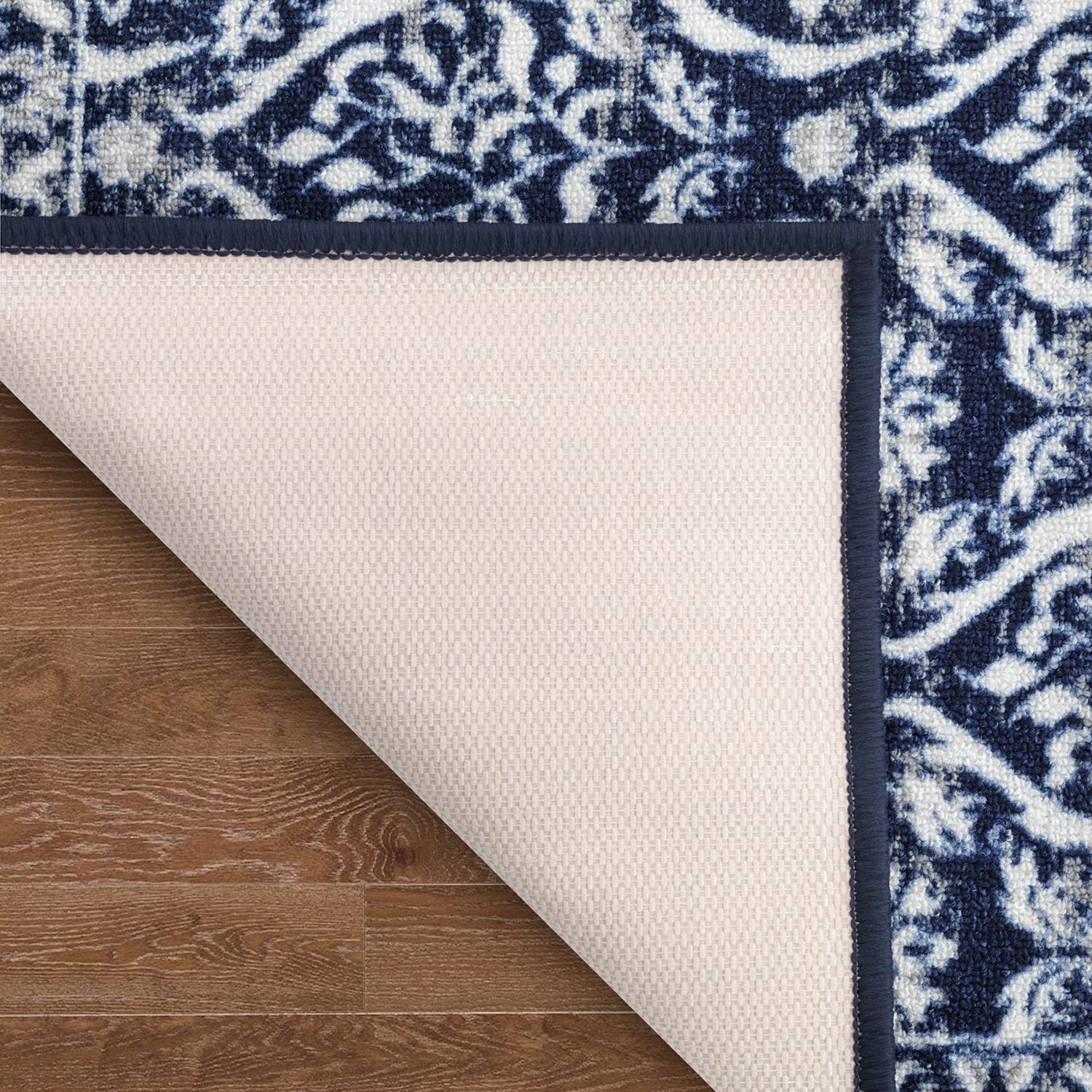 Antep Rugs Alfombras Non-Skid (Non-Slip) 2x4 Rubber Backing Floral Geometric Low Profile Pile Kitchen Area Rugs (Navy Blue, 2'3" x 4')
