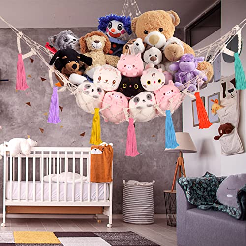 HONGTEYA Stuffed Animal Net or Hammock Large Plush Toy Net Hammock Holder for Corner Stuffed Animal Storage Ideas Hanging Plushie Toy Organizers Net with Boho Macrame Tassels 57inch
