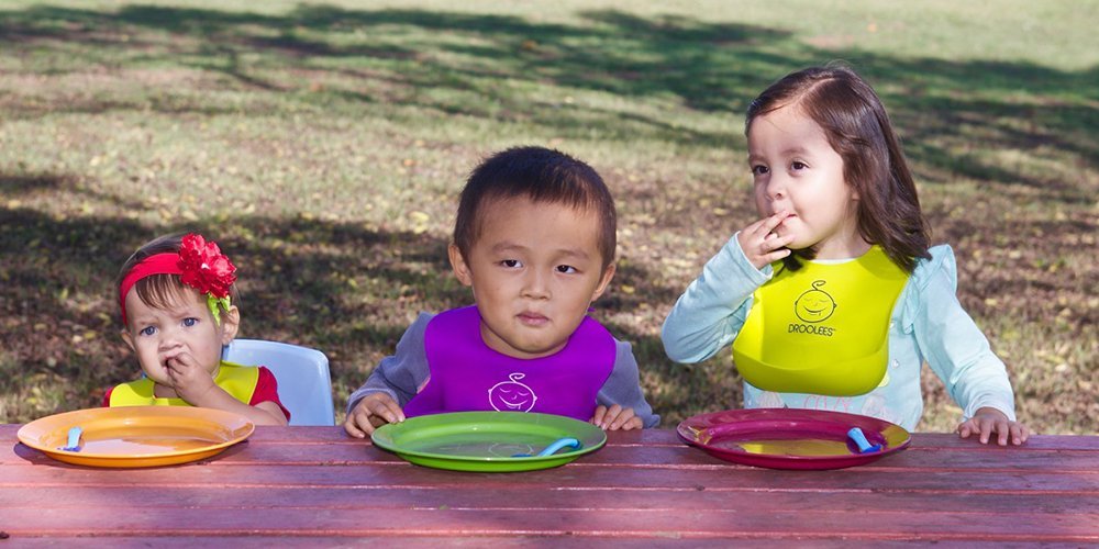 Droolees Premium Waterproof, Widemouth, Soft Silicone Feeding Bibs, Unisex, Washable, Includes Bonus Item, Rolls up for Travel, 2 Pack