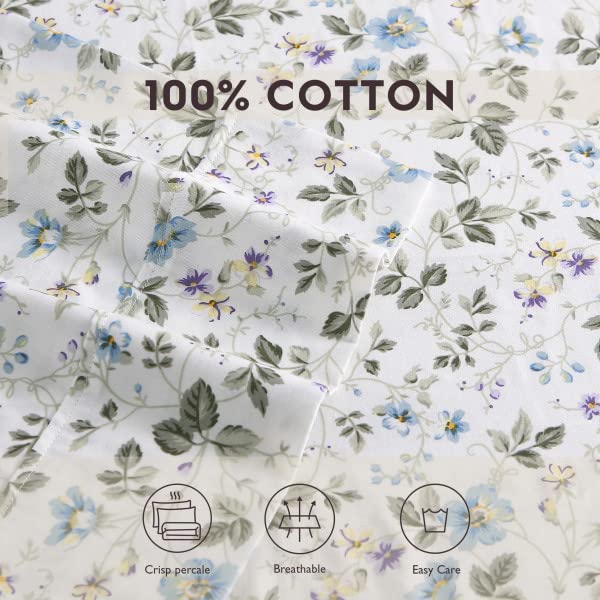 Laura Ashley - King Sheet Set, Soft Sateen Cotton Bedding Set - Sleek, Smooth, & Breathable Home Decor (Spring Bloom Wildflower, King)