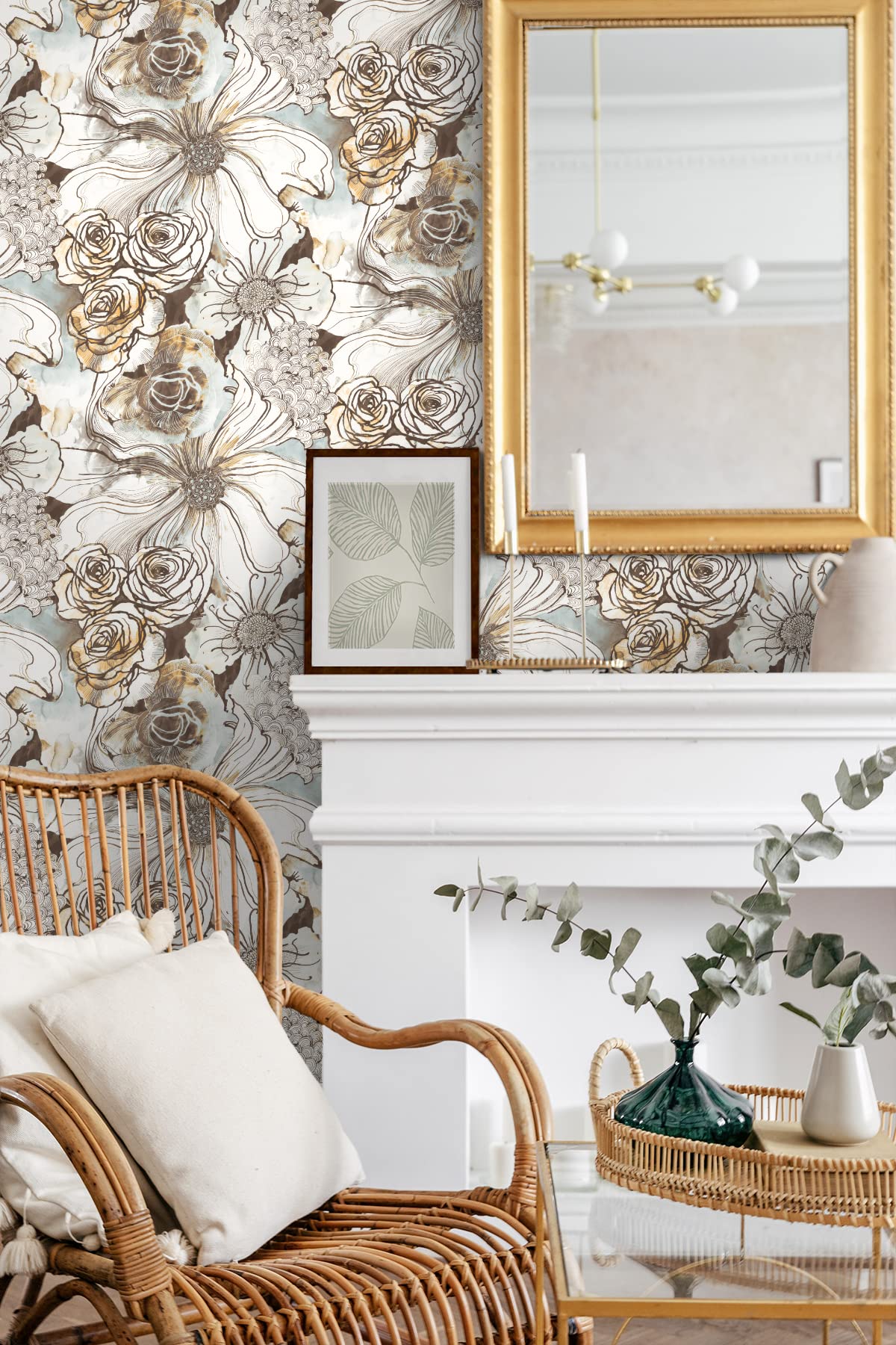 NextWall Harry & Grace Ink Rose Abstract Floral Peel and Stick Wallpaper (Mocha & Blue Mist)