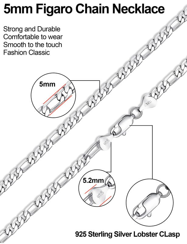 ASDULL 925 Sterling Silver 5mm Figaro Link Chain Necklace for Men Women Diamond-Cut Silver Link Chain 16 Inches