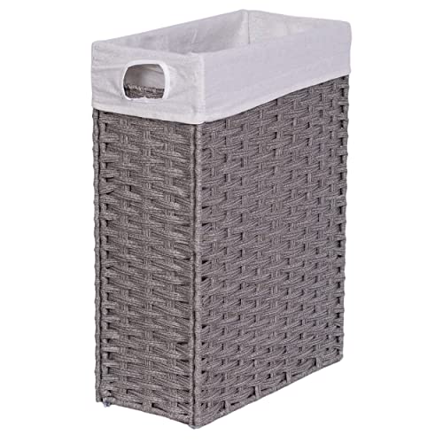 BIRDROCK HOME 22" Slim Laundry Hamper with Removable Liner Bag | Grey | Handwoven | Compact Collapsible Clothes Basket | Synthetic PE Rattan