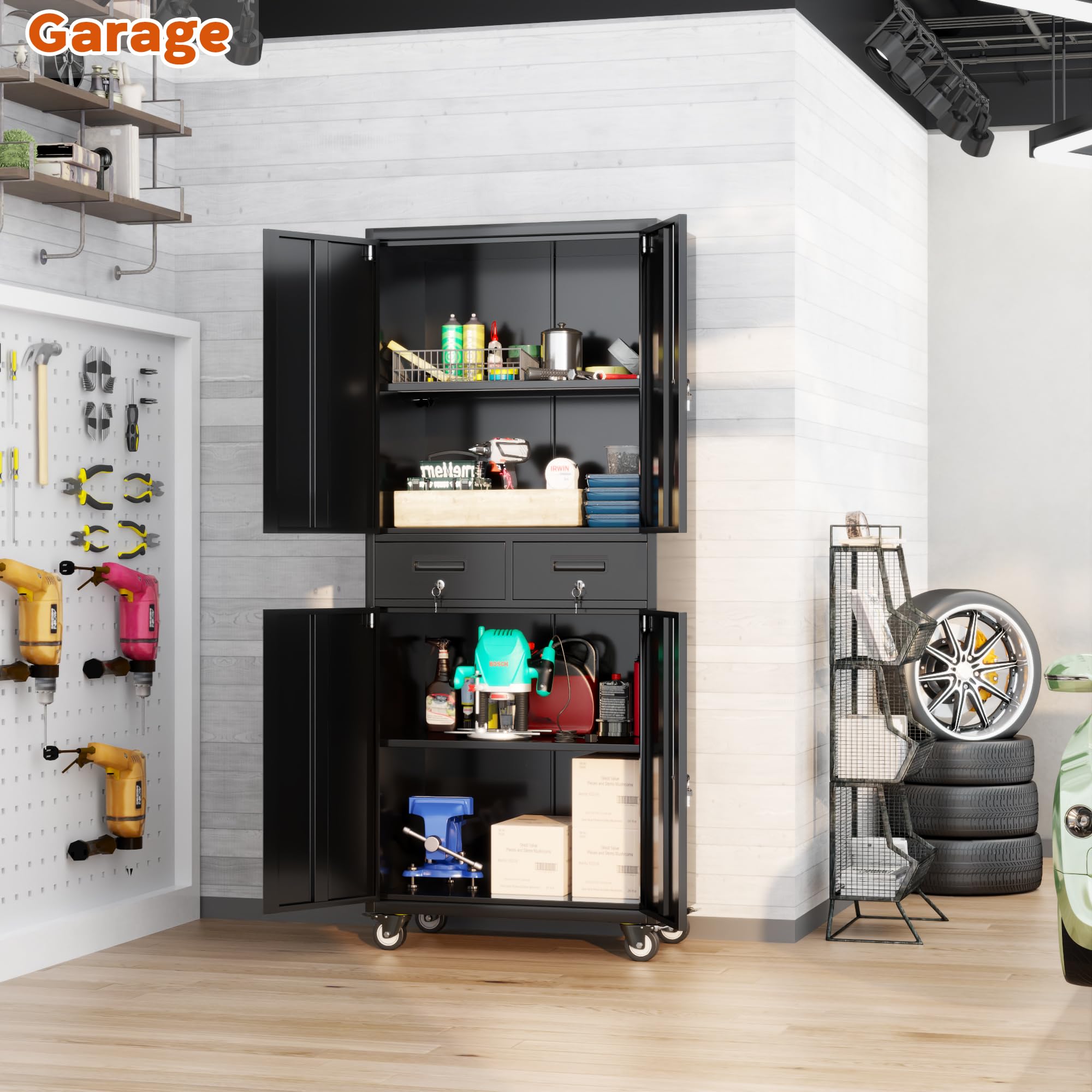 Aobabo Garage Storage Cabinet with Wheels, Metal Tool Storage Cabinet with 2 Drawer for Garage, Homes Storage,Assembly Required