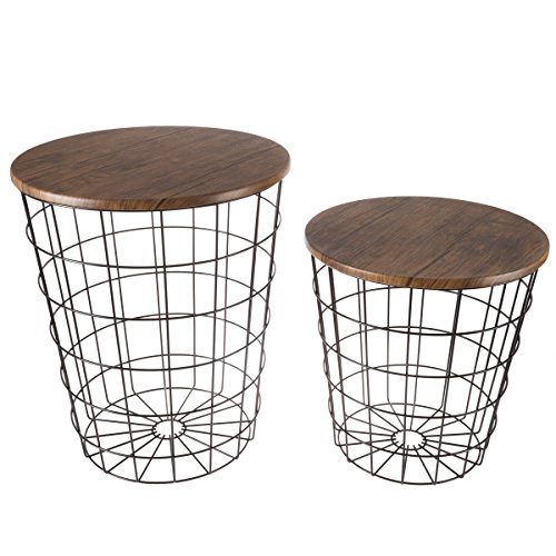 Lavish Home End Storage β Nesting Wire Basket Base and Wood Tops β Industrial Farmhouse Style Side Table, Set of 2 - Round Black, Brown