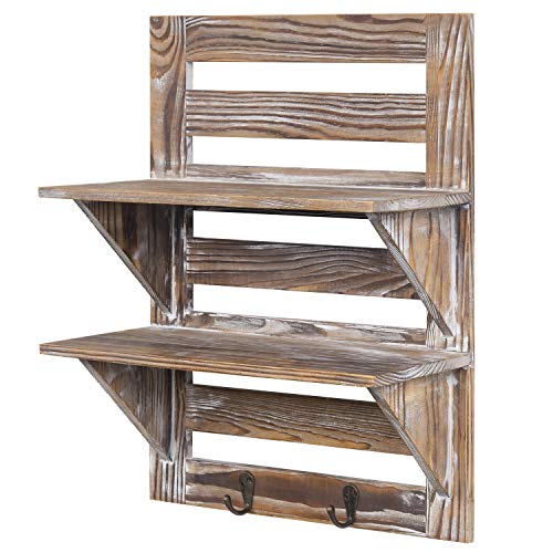 MyGift 2-Tier Torched Whitewashed Wood Wall Mounted Shelf Rack with Key Hooks, Entryway Storage Display Shelves, Bathroom Shelving and Towel Hooks, 7 x 13-Inches
