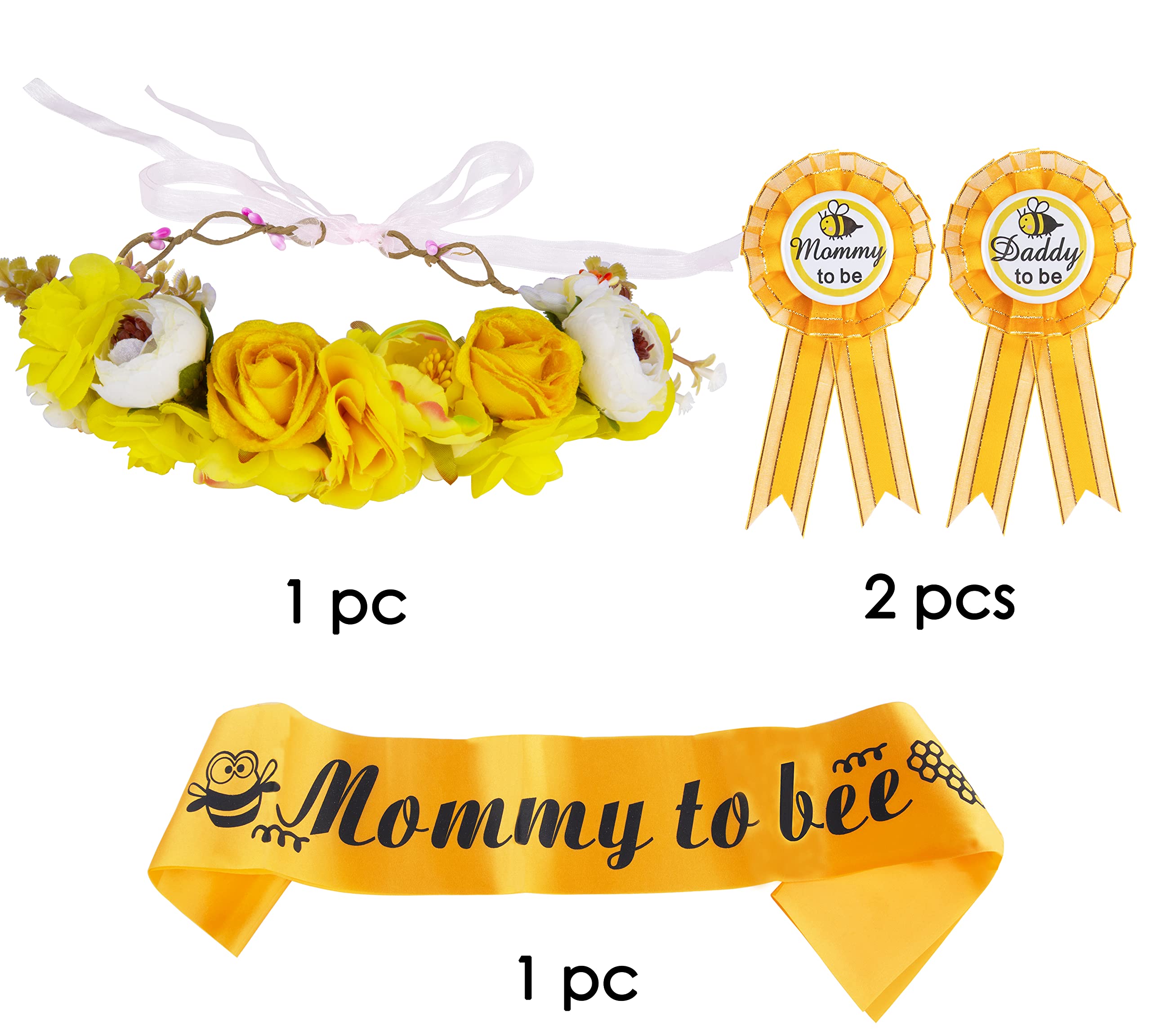 Baby Shower Decoration for Mom To Be and Dad To Be, Yellow Flowers style Tiara + Yellow & Black Sash + Yellow & White "Daddy to be" pin, Maternity Gift for Her and Him