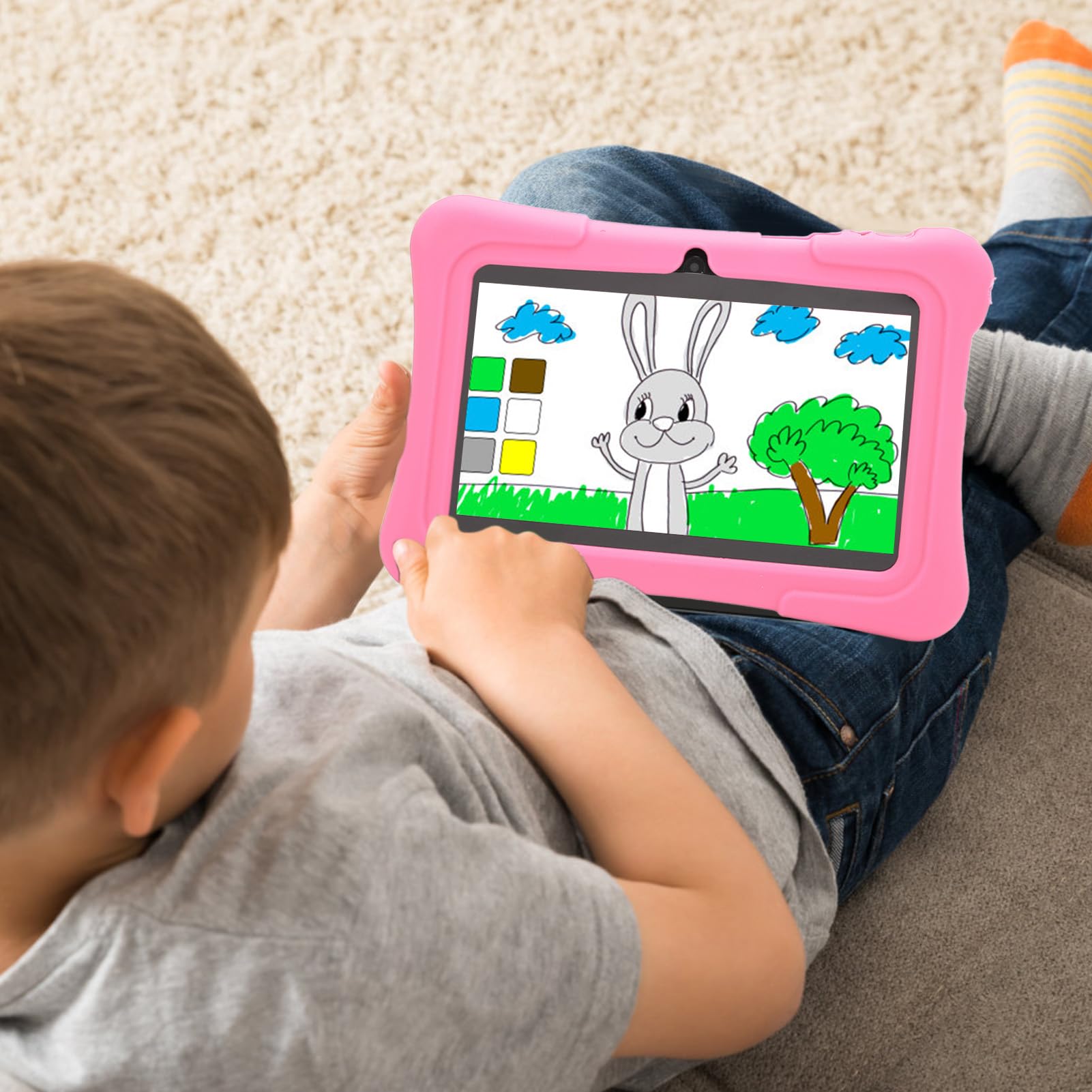 7inch Kids Tablet for Android 10.0, Children Tablet with 1GB RAM and 32 GB ROM, Support Bluetooth, WiFi, GMS, Parental Control, Dual Camera, Shockproof Kickstand Case (US Plug)