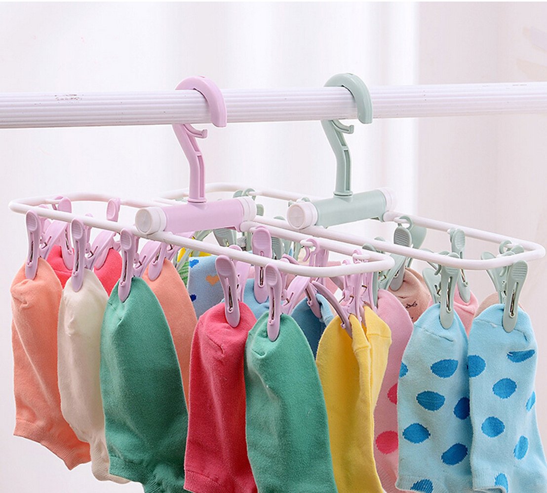 Inoutdoorkit Folding Travel Clip & Drip Hangers, Portable Plastic Clothes Underwear Socks Laundry Drying Hanger Rack With 12 Clips For Home Or Outdoor FPH12 (Light Purple)