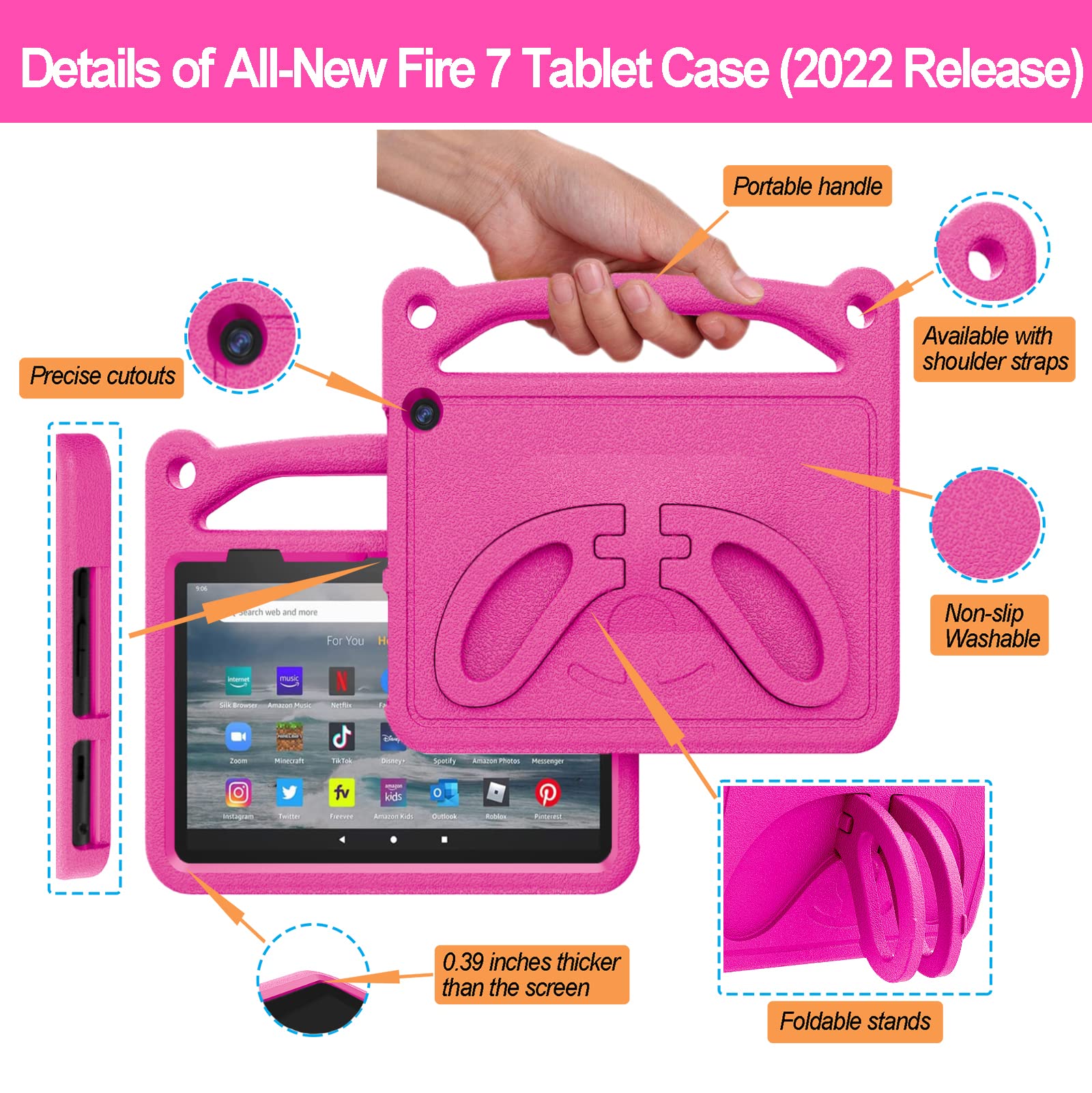 All-New Fire 7 Tablet Case, 7β 12th Generation (2022 Release),Fire 7 Tablet Case for Kids,ANTIKE Shockproof Light Weight Handle Kids Friendly Case for Amazon Kindle fire 7 Tablet,Rose