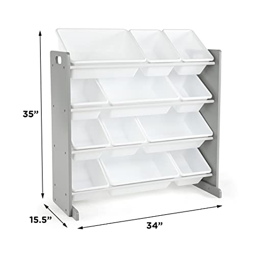 Humble Crew, White Kids Wood Square Table and 2 Chairs Set & Humble Crew, Grey/White Kids Toy Organizer with 12 Storage Bins, Toddler