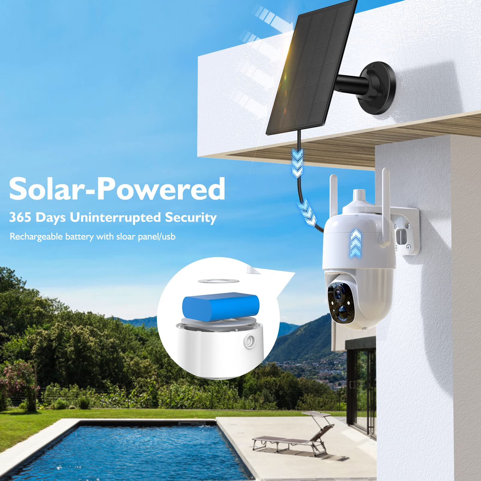 Allweviee Solar Security Outdoor WiFi Camera, Pan Tilt 360° View IP65 Waterproof Rechargeable Wireless Battery Powered 2K 3MP PTZ Camera with PIR, Color Night Vision,2-Way Talk, 4dbi Antenna, Cloud/SD