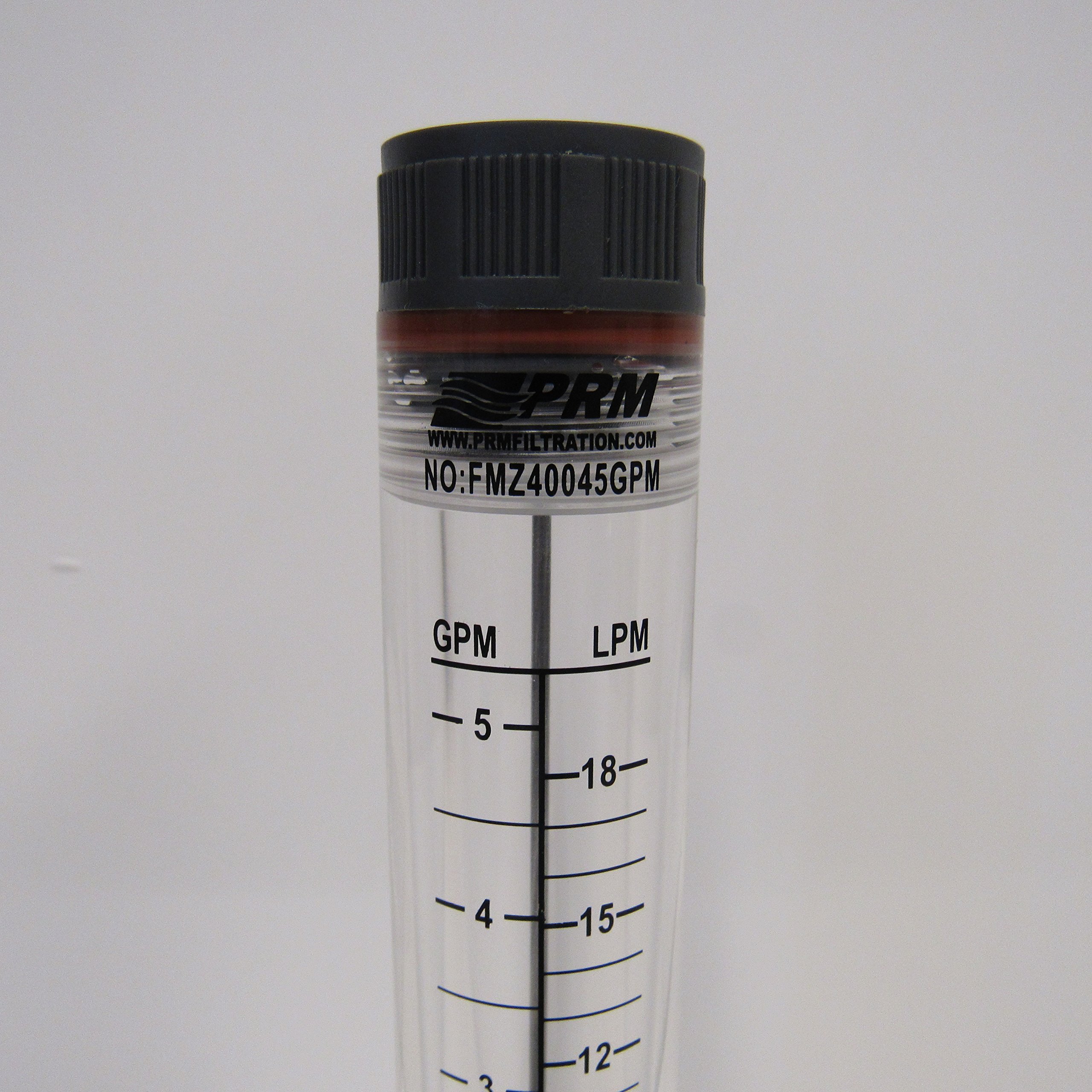 PRM 1-5 GPM Water Rotameter Flow Meter, 1/2 Inch FNPT Connector, 316 SS Plunger & Travel Rod, Viton Seals, Acrylic Body with PVC Ends, ±4% Accuracy, 85 PSI Max Pressure